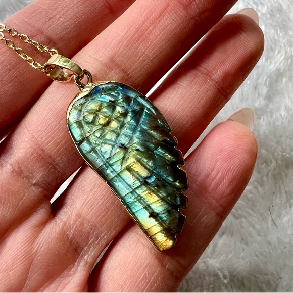 Jewelry | 14k Gold Plated Flash Labradorite Hand Carver Wing Pendant ...